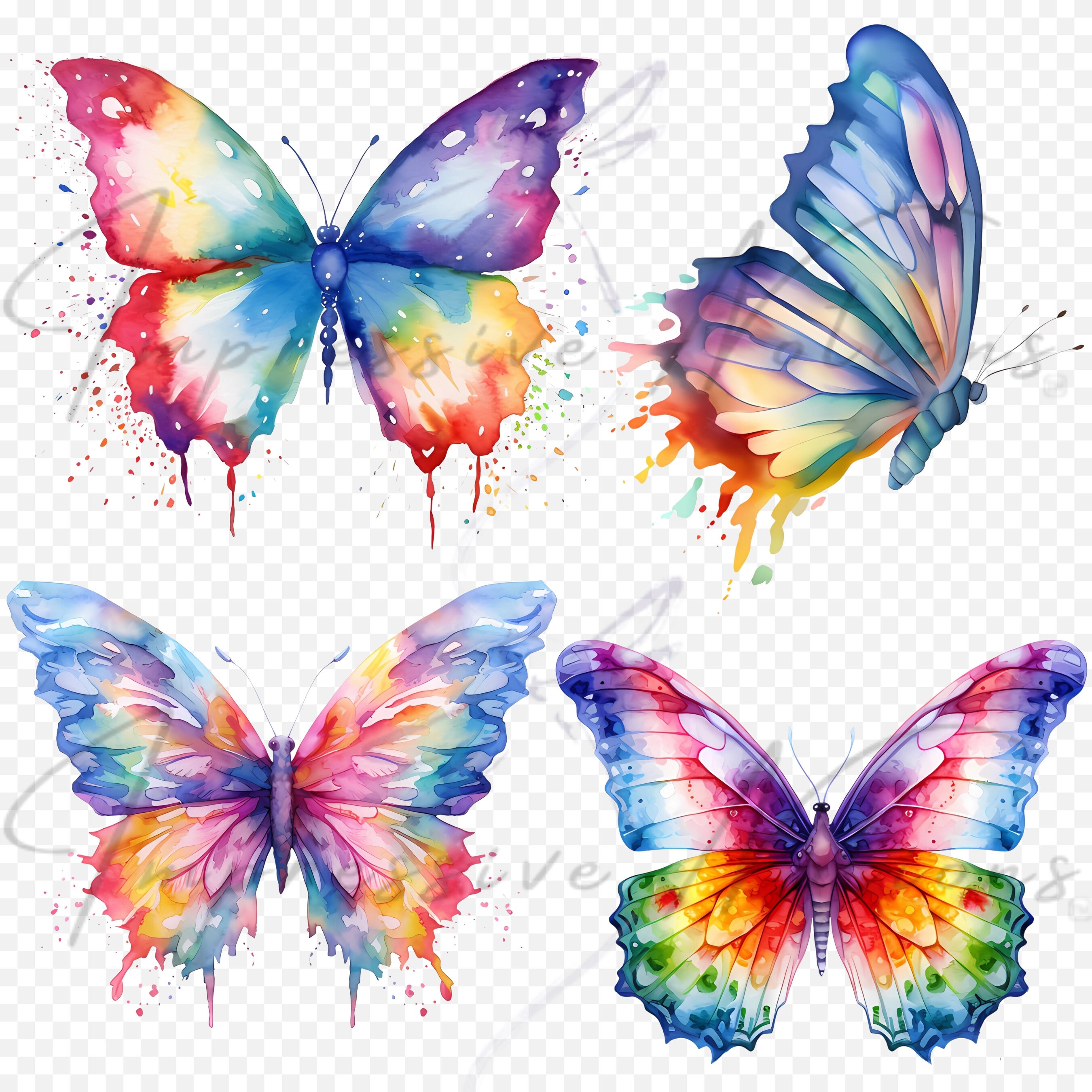 Rainbow Butterflies Watercolor Clipart Elements, Transparent Digital ...