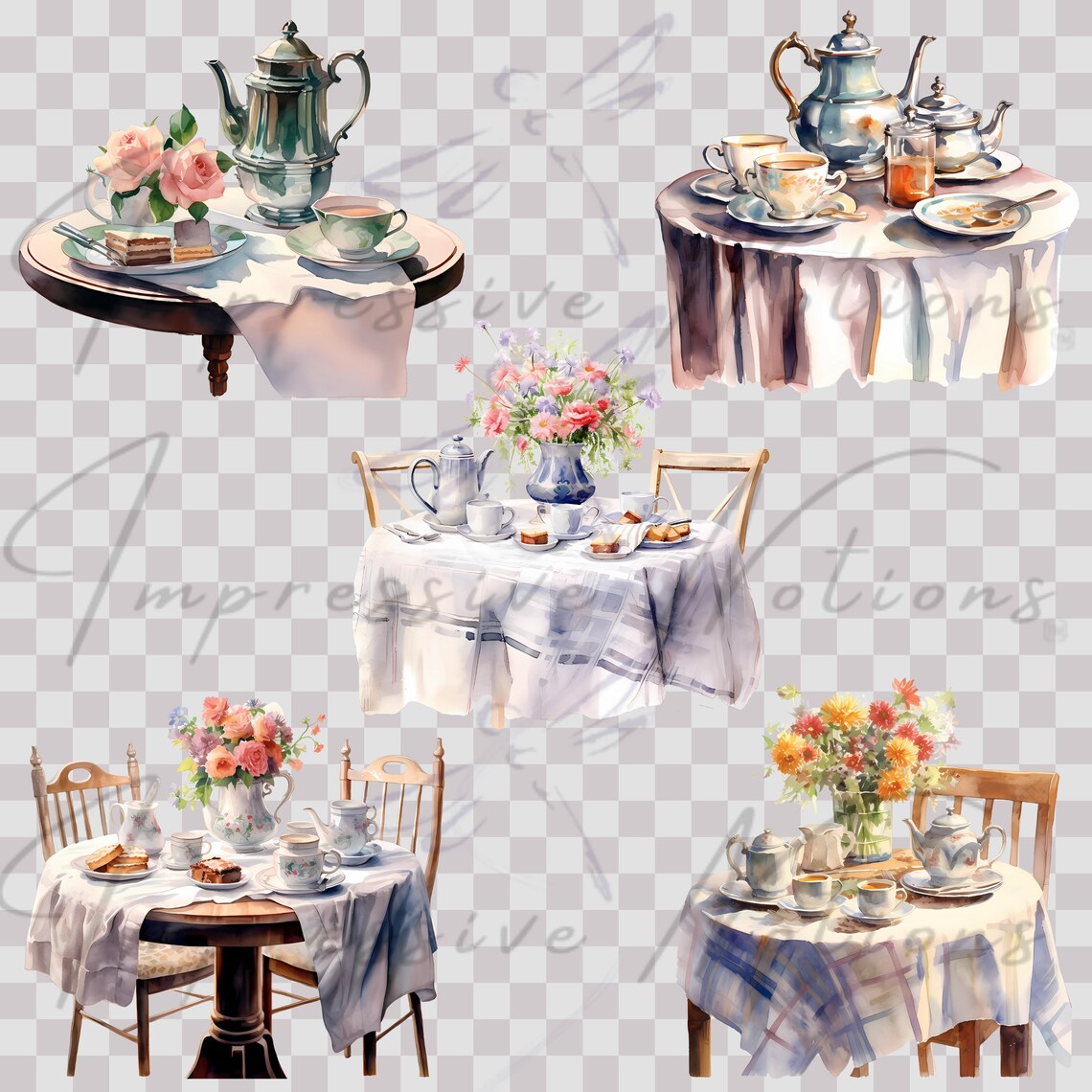 Spring Tea Service Watercolor Clipart Elements, Tea Party Settings ...