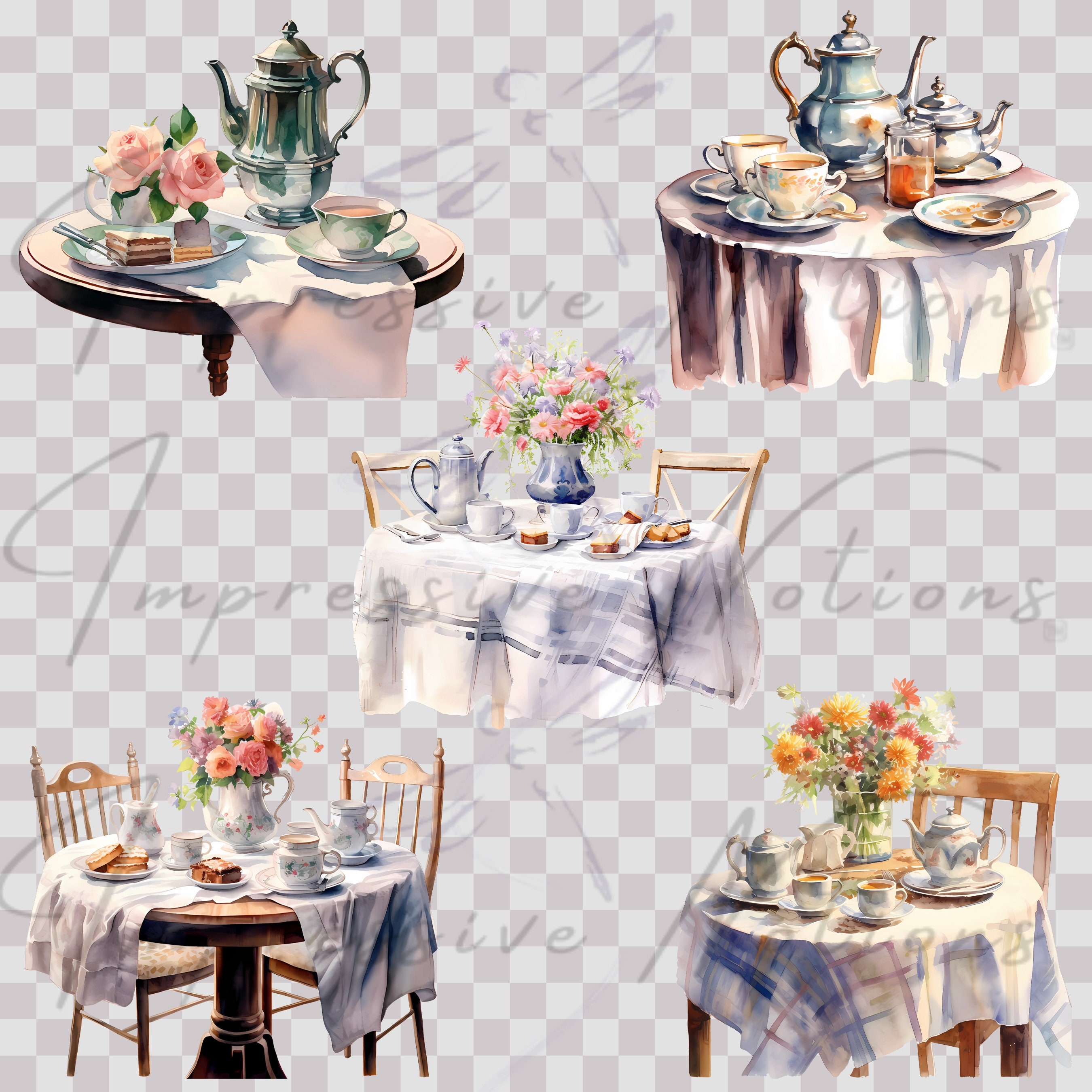 Spring Tea Service Watercolor Clipart Elements, Tea Party Settings ...