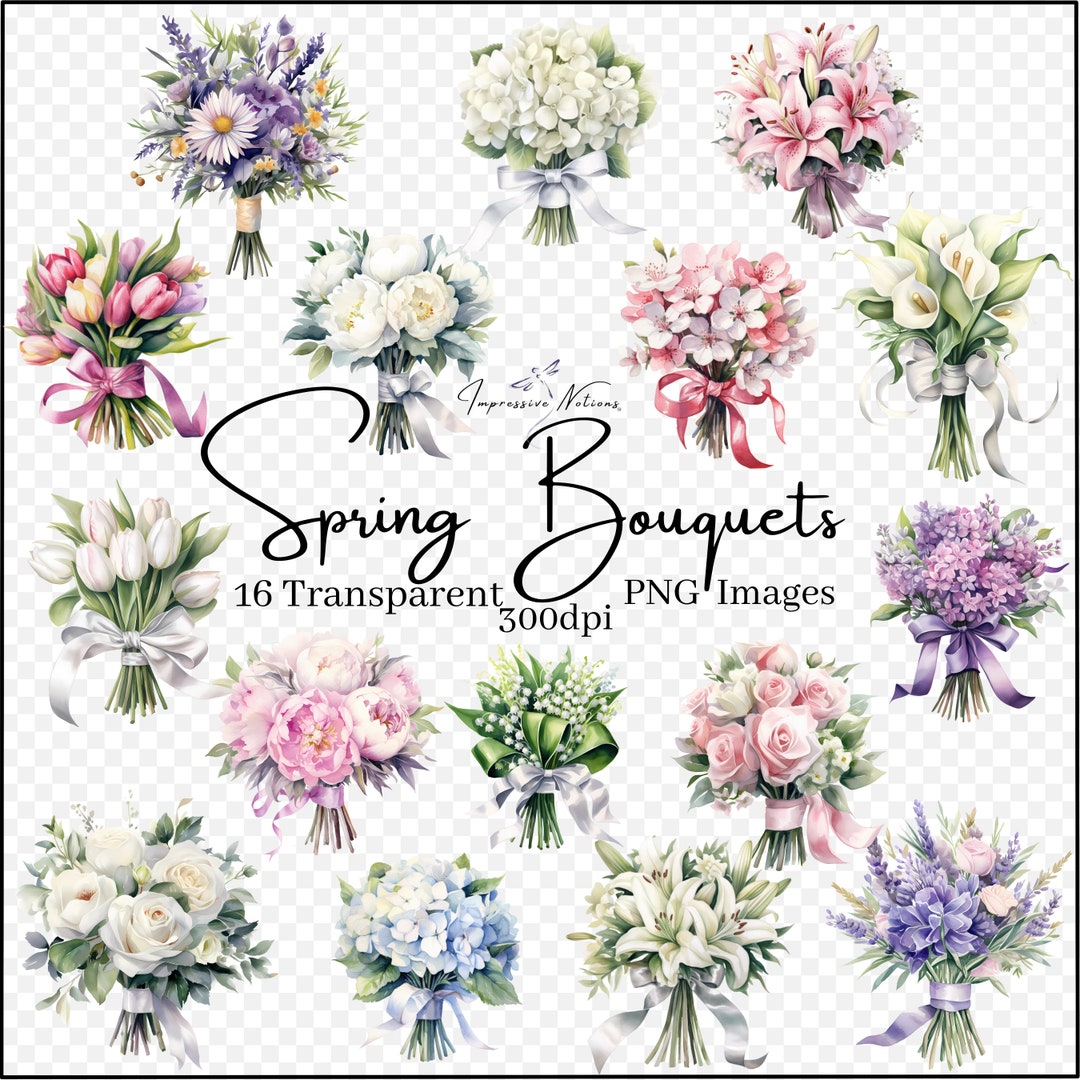 Spring Bouquets Watercolor Clipart Elements, Transparent Digital Png's ...