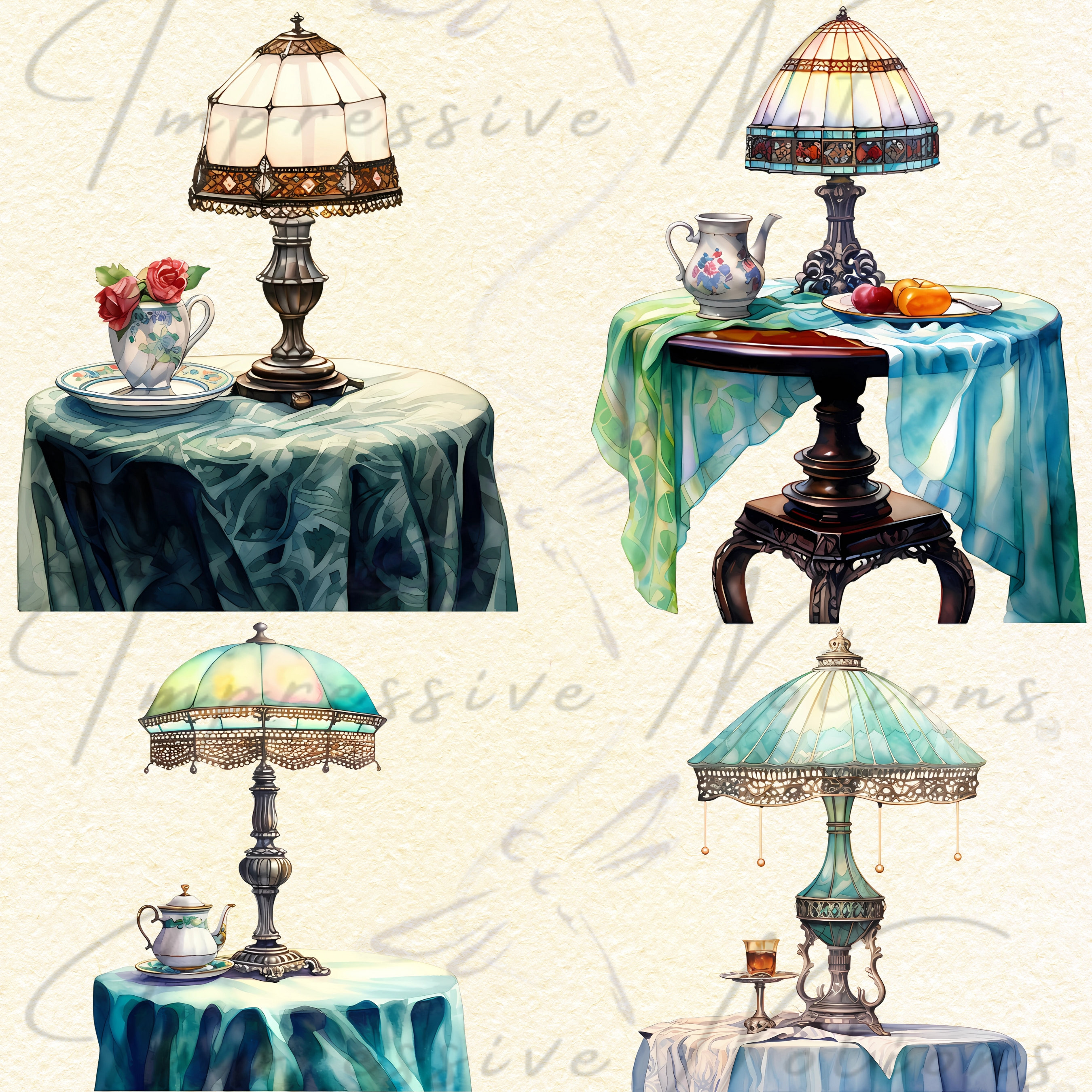 Tiffany Lamps & Tables Watercolor Clip Art Elements, Antique Stained ...