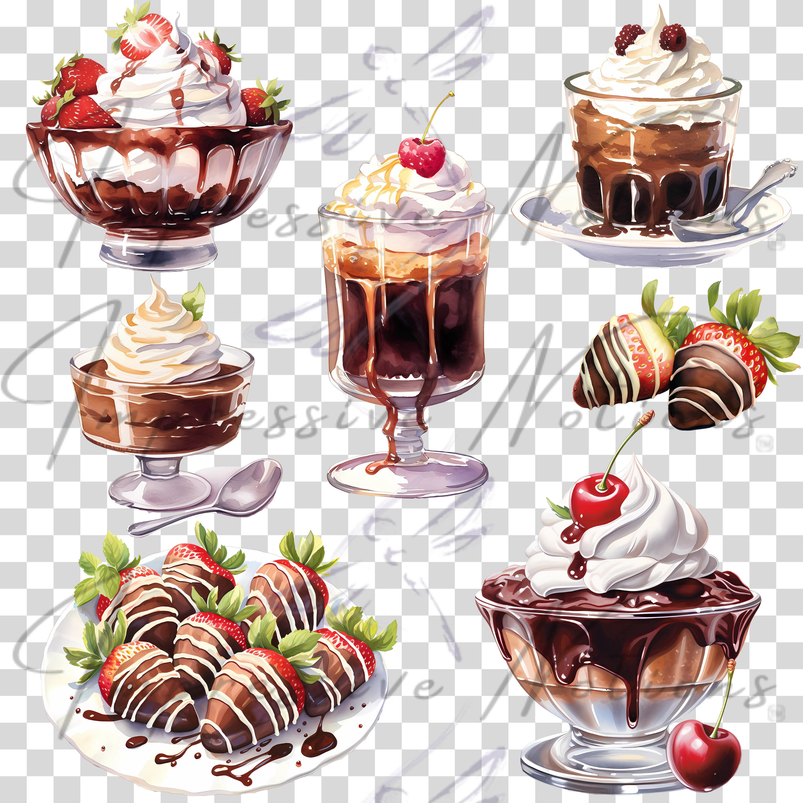 Chocolate Desserts Watercolor Clip Art Elements, Transparent Digital ...