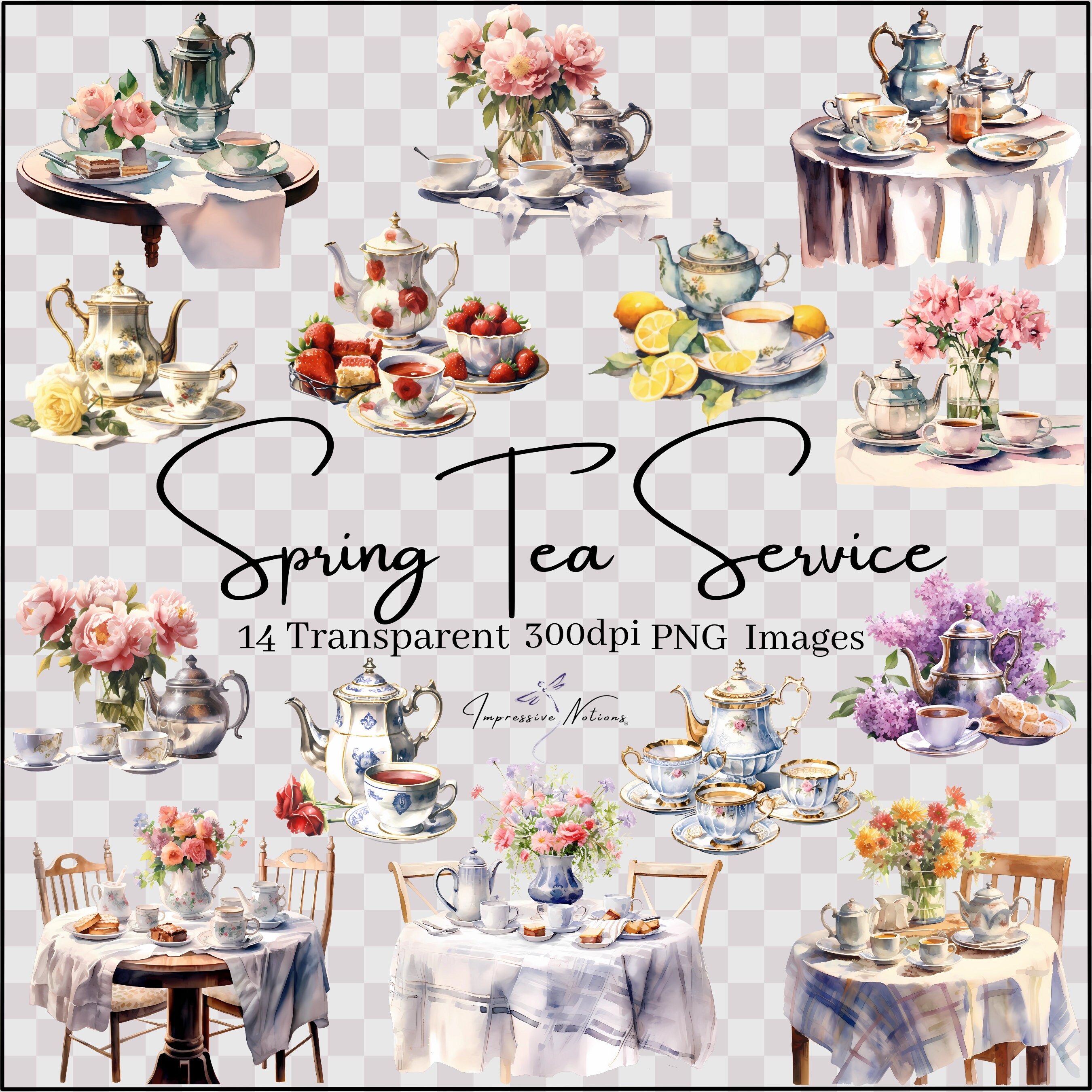 Spring Tea Service Watercolor Clipart Elements, Tea Party Settings ...