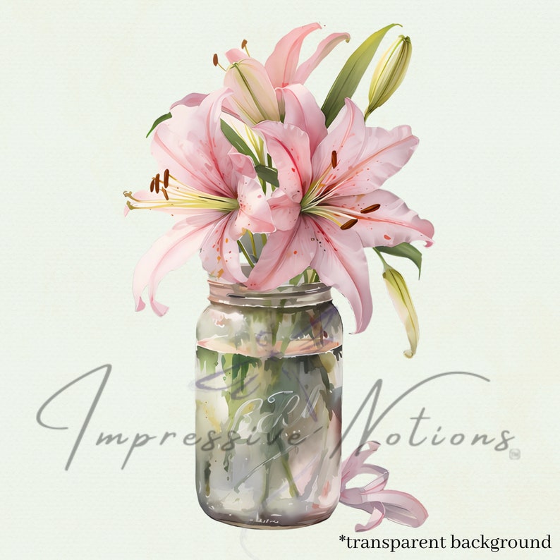 PNG Watercolor Pink Lilies Mason Jar Clipart, Transparent Digital ...