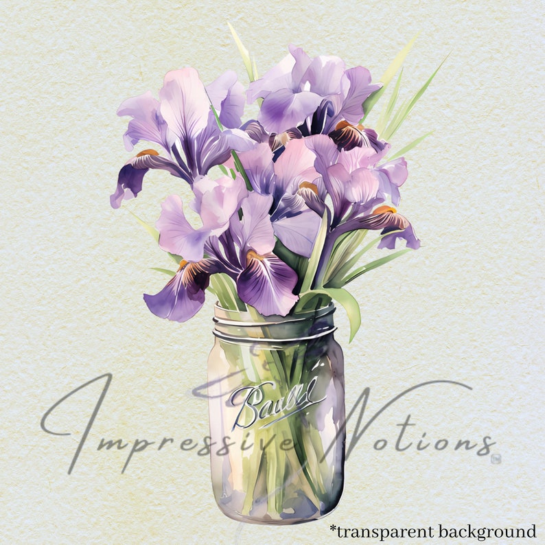Watercolor Irises in Mason Jar Clipart, Transparent Digital PNG, Floral ...
