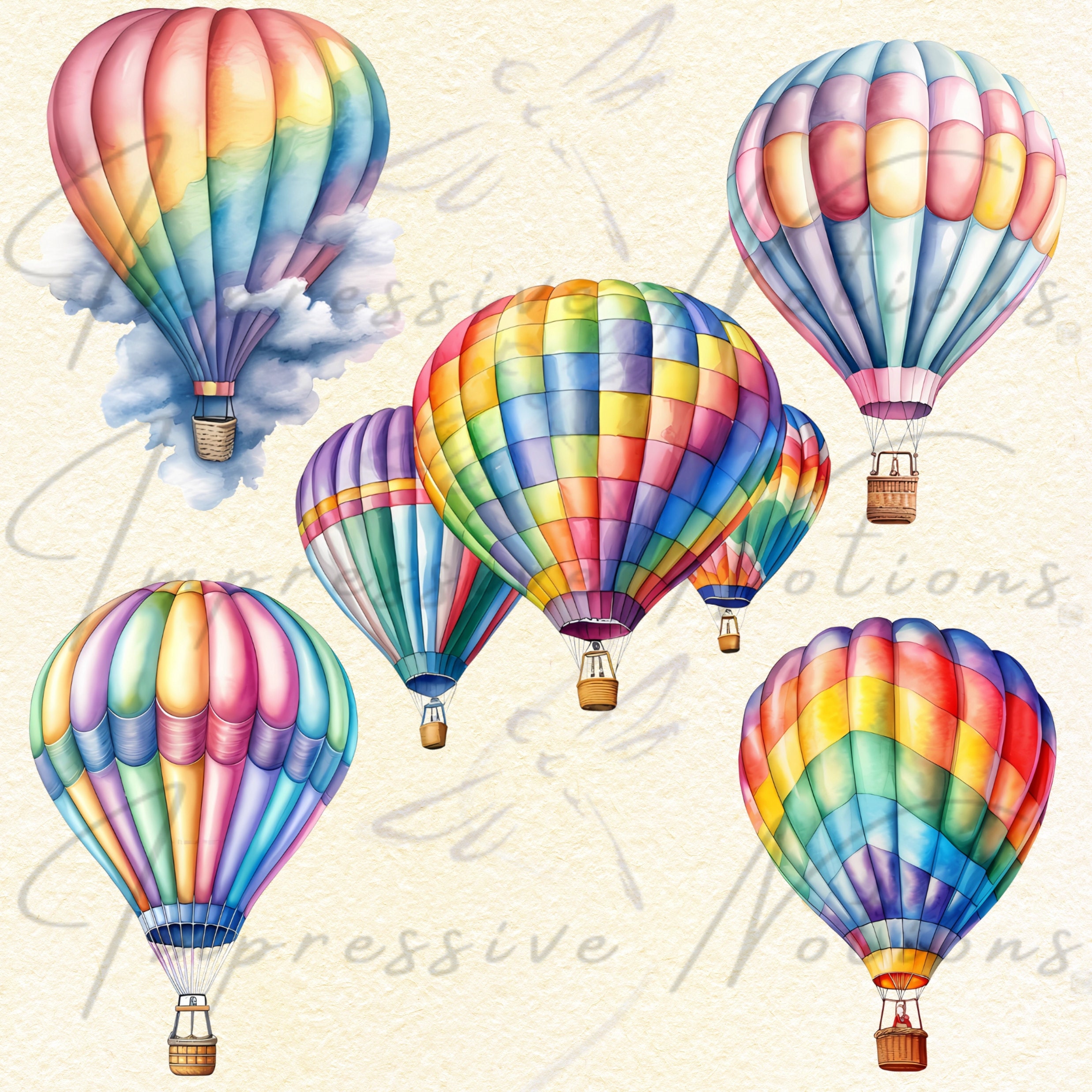 Rainbow Hot Air Balloon & Clouds Watercolor Clip Art Elements ...