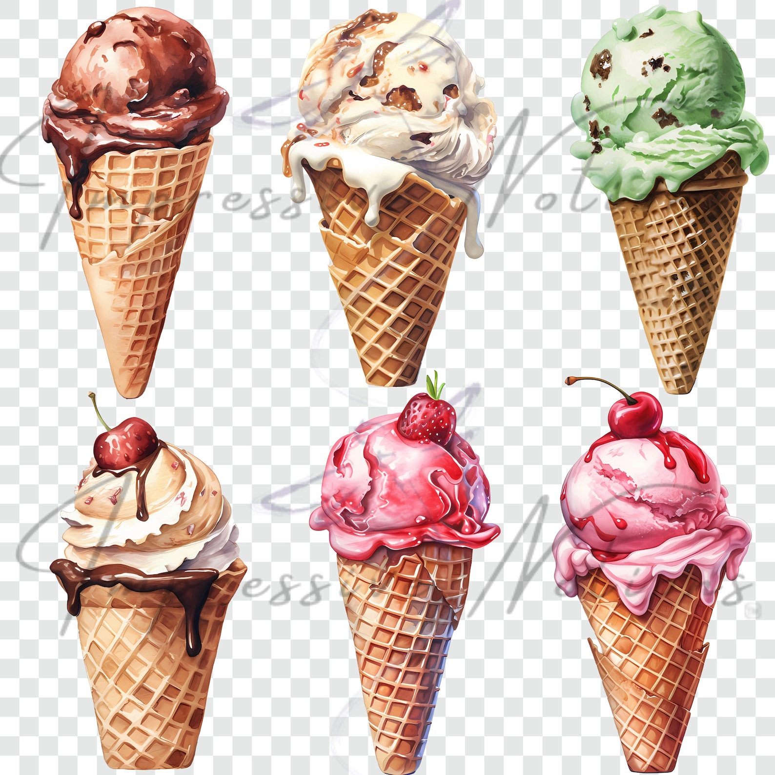 Ice Cream Social Watercolor Clip Art Elements, Transparent Digital PNG ...