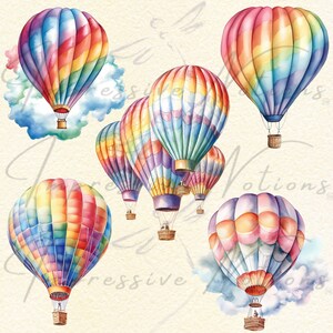 Rainbow Hot Air Balloon & Clouds Watercolor Clip Art Elements ...