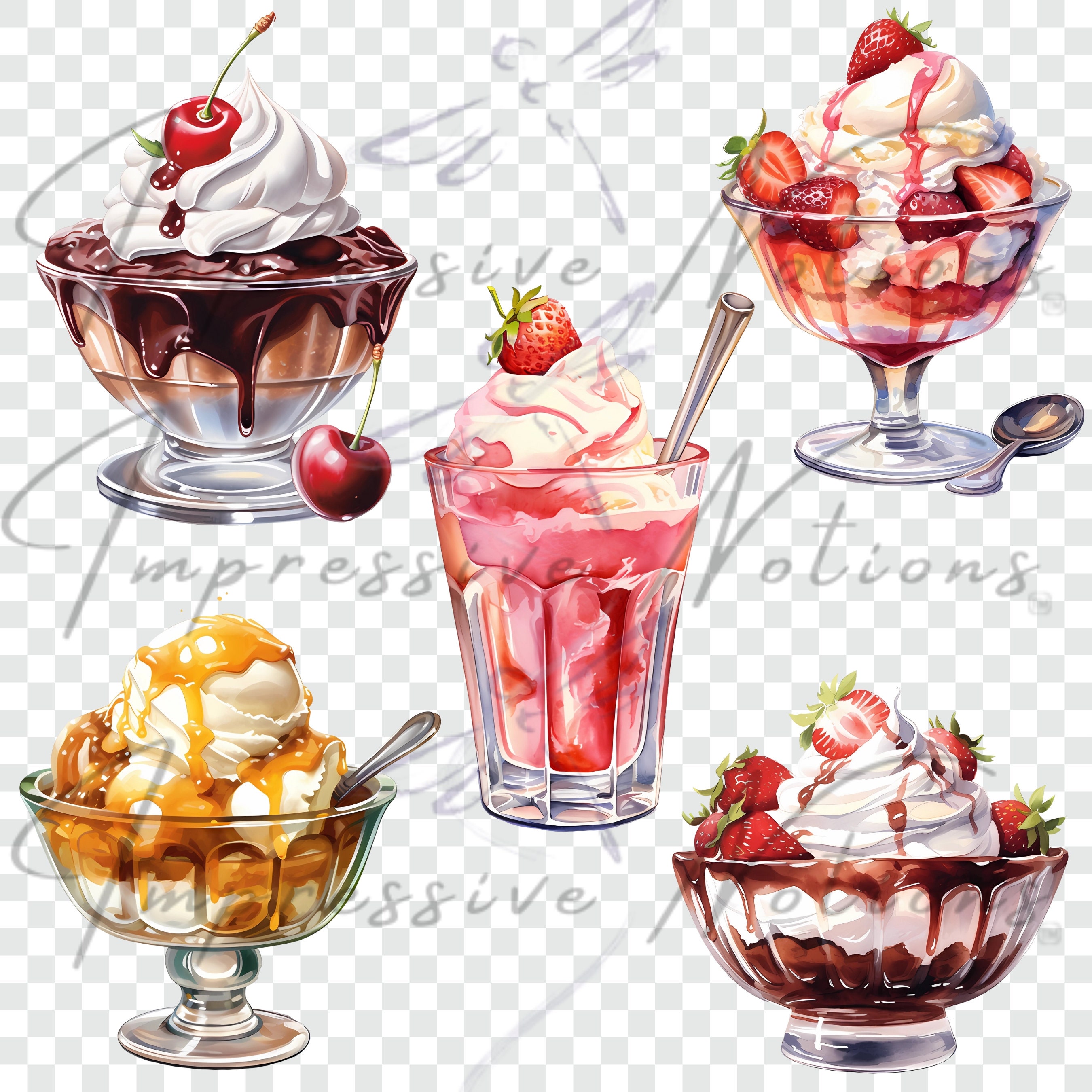 Ice Cream Social Watercolor Clip Art Elements, Transparent Digital PNG ...
