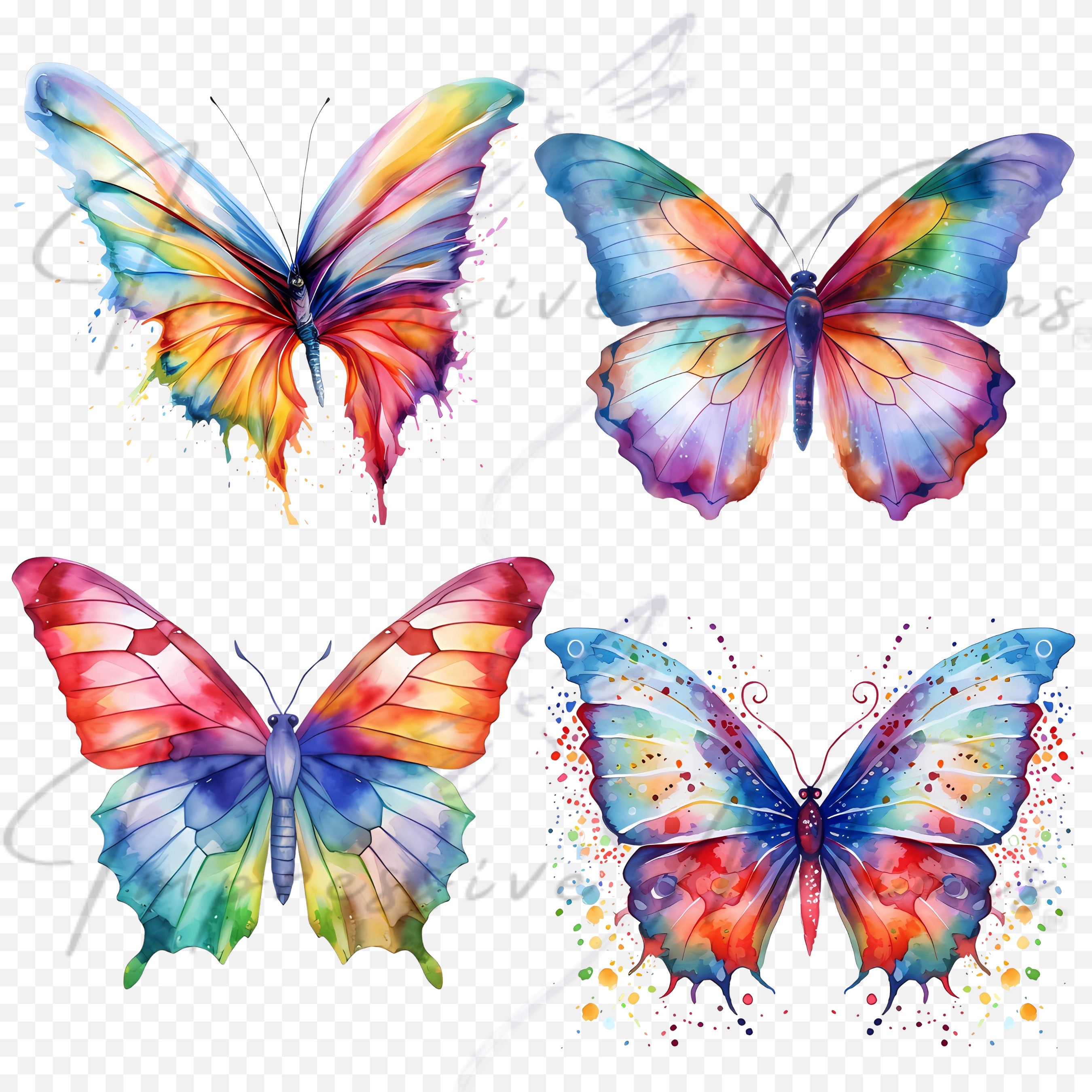 Rainbow Butterflies Watercolor Clipart Elements, Transparent Digital ...