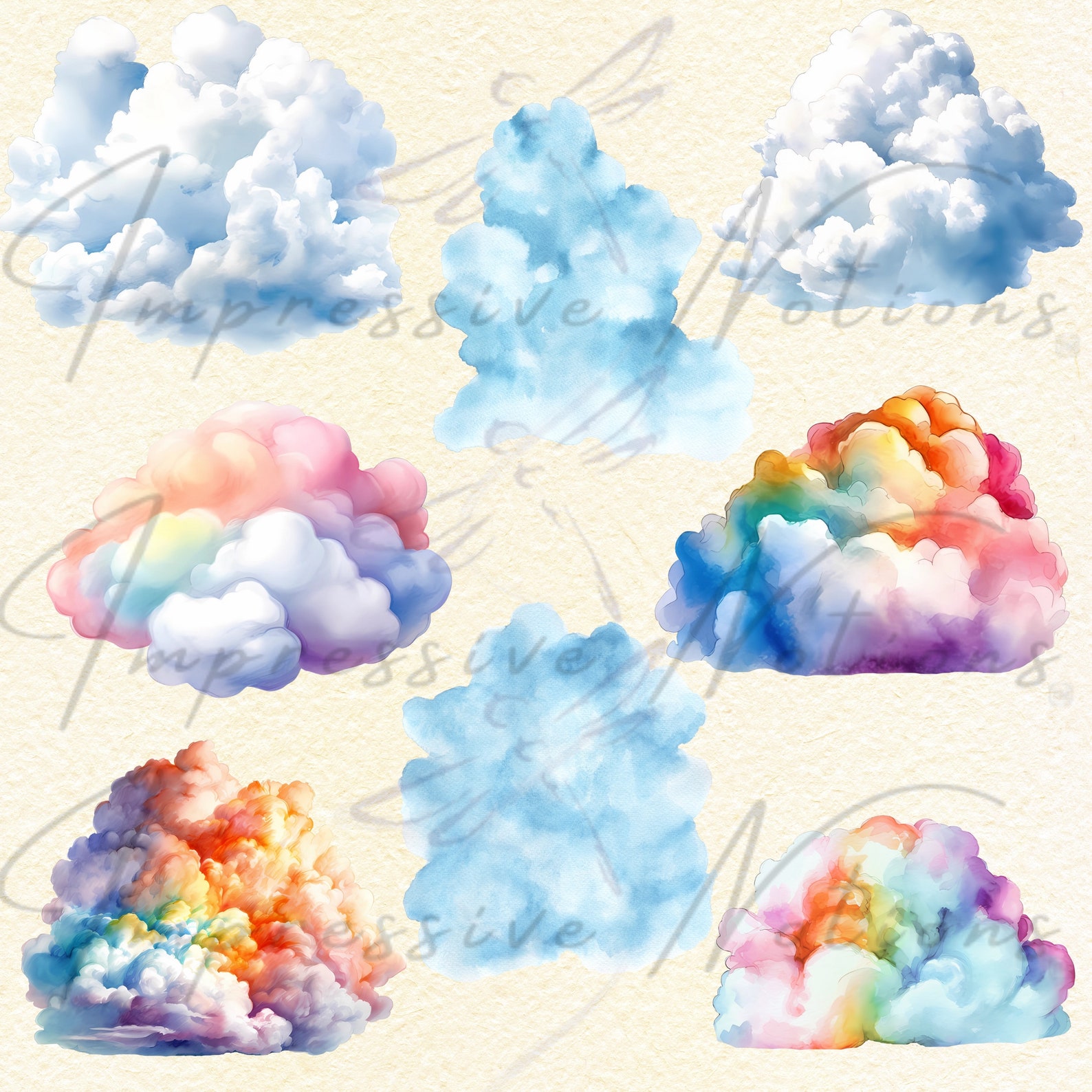 Rainbow Hot Air Balloon & Clouds Watercolor Clip Art Elements ...