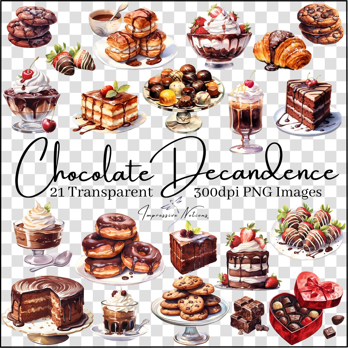 Chocolate Desserts Watercolor Clip Art Elements, Transparent Digital ...