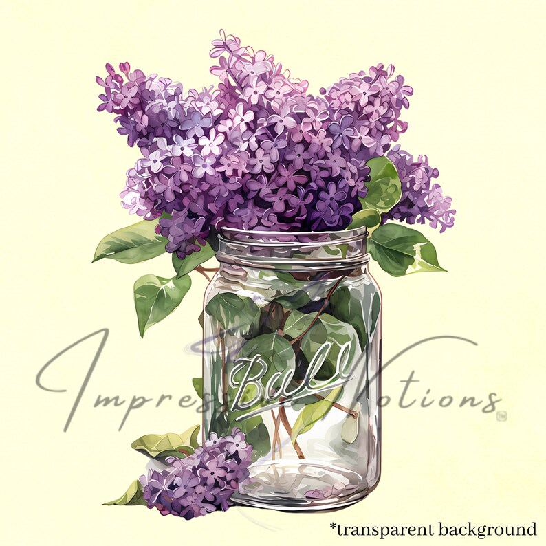 Watercolor PNG Lilacs in Mason Jar, Transparent Digital Clip Art ...