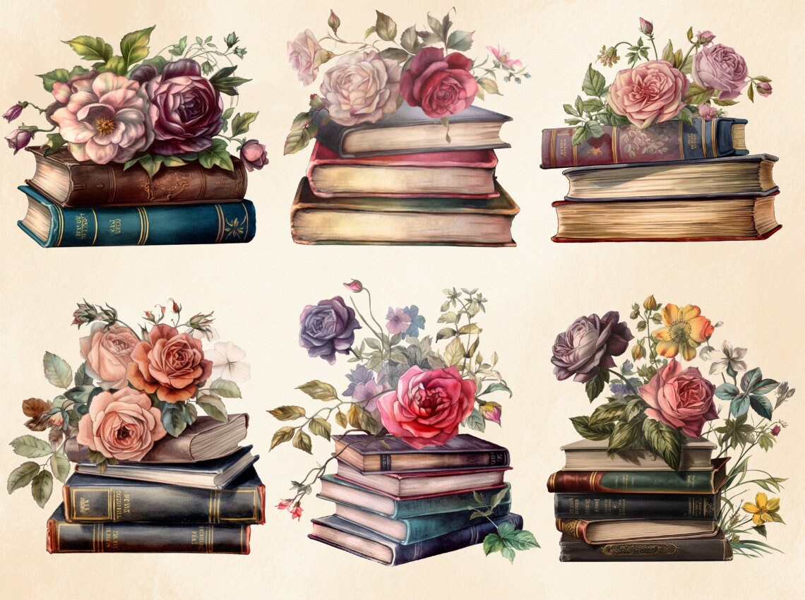 24 PNG Watercolor Floral Books Clipart, Book Bundle Clip Art, Vintage ...