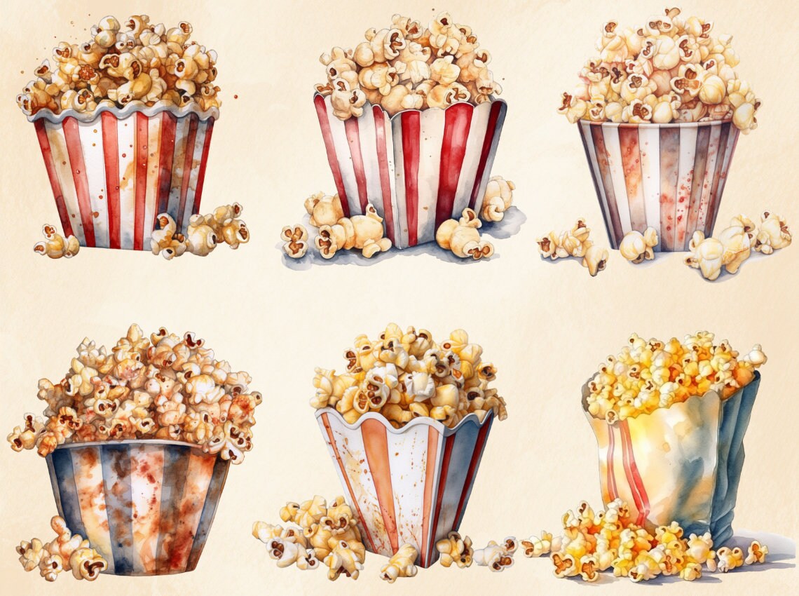 16 PNG Watercolor Popcorn Clipart, Popcorn Bowl Clip Art, Popcorn Stand ...