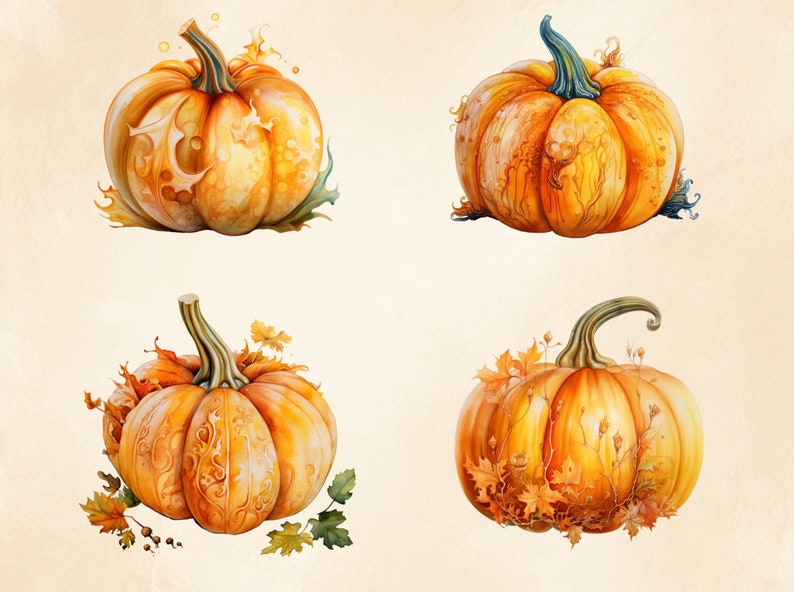 Watercolor Pumpkin Clipart: Fall & Halloween PNG Bundle (digital ...
