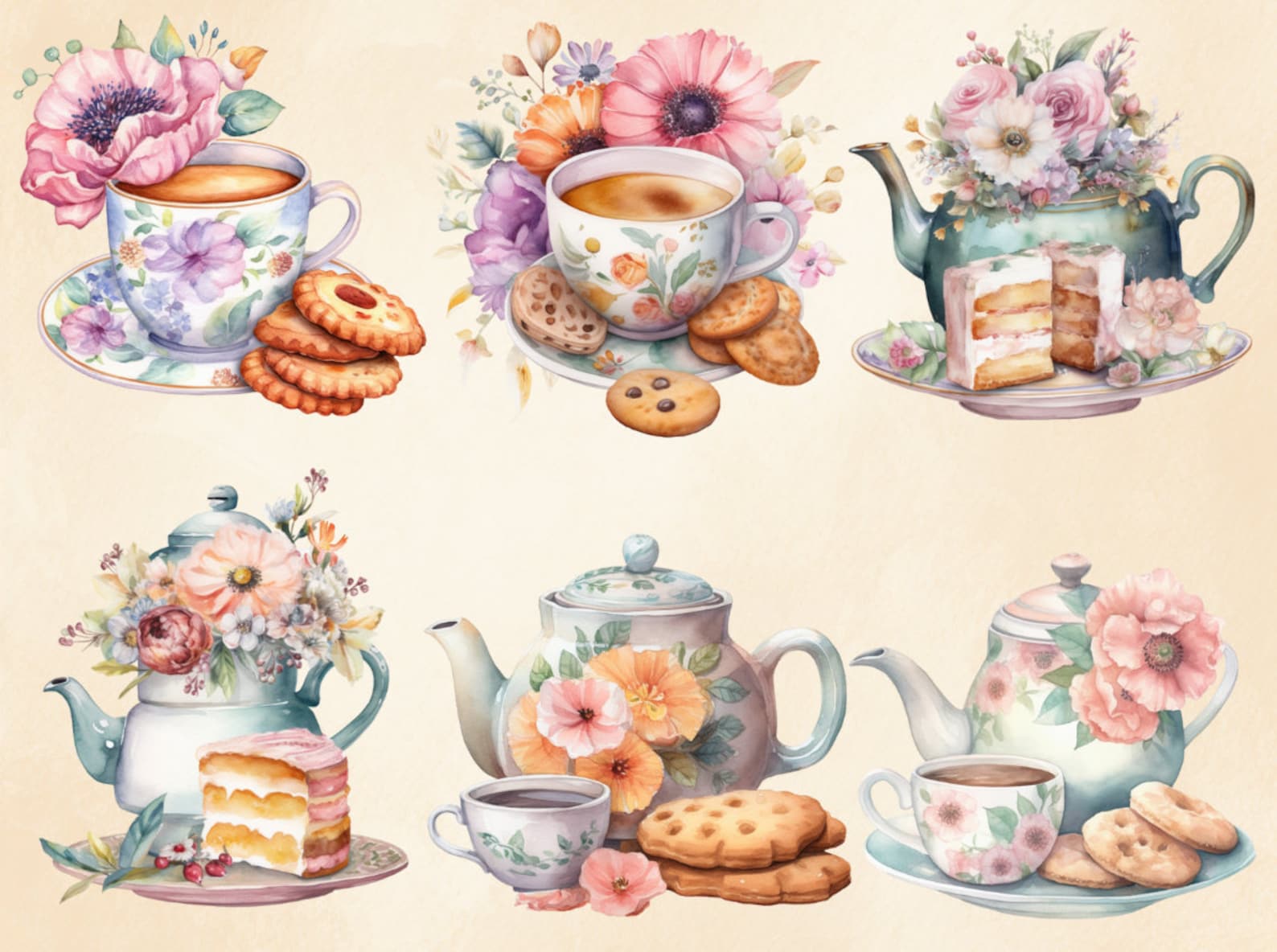24 PNG Watercolor Floral Tea Clipart, Tea Party Clip Art, Pastel Tea ...