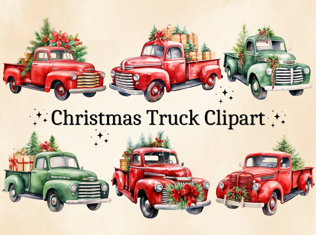 Watercolor Christmas Truck Clipart: Vintage Red & Green Trucks (PNG ...