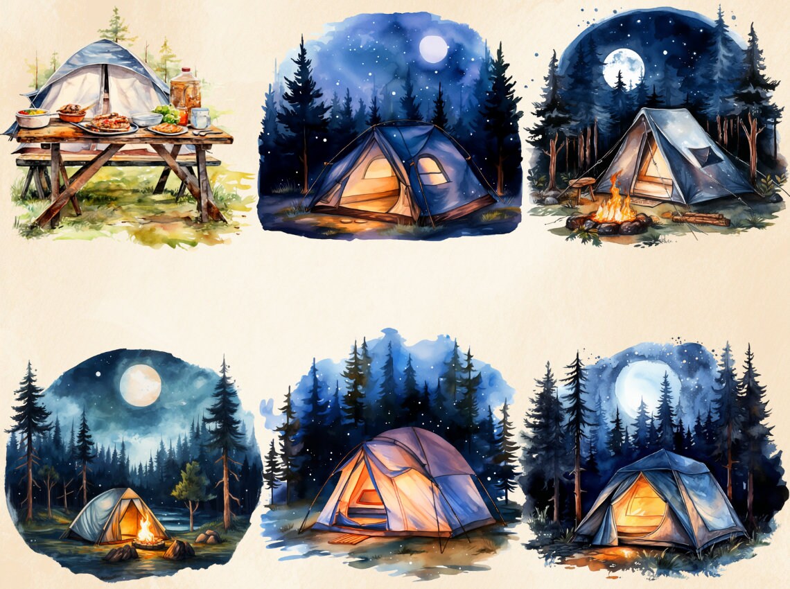 24 PNG Watercolor Camping Clipart, Tent Clip Art, Campfire Clipart ...