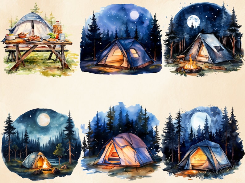 24 PNG Watercolor Camping Clipart, Tent Clip Art, Campfire Clipart ...