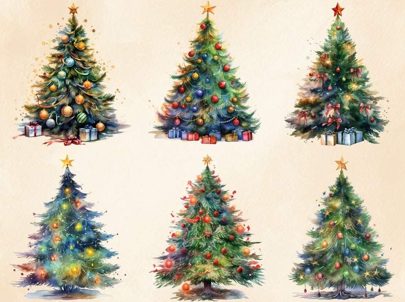 Watercolor Christmas Tree Clipart: Holiday Illustrations (PNG Digital ...
