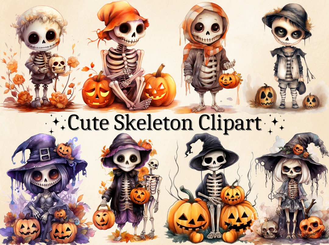 16 PNG Watercolor Cute Skeleton Clipart, Cute Halloween Clipart, Witch ...