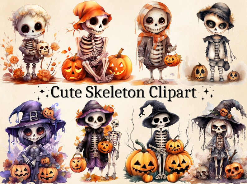 16 PNG Watercolor Cute Skeleton Clipart, Cute Halloween Clipart, Witch ...