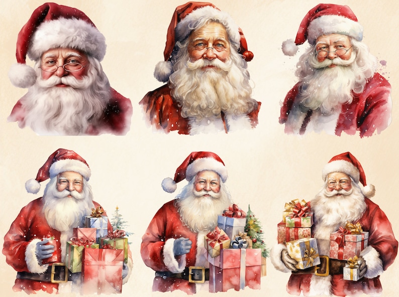Watercolor Santa Claus Clipart: Christmas PNG Bundle (digital Download ...