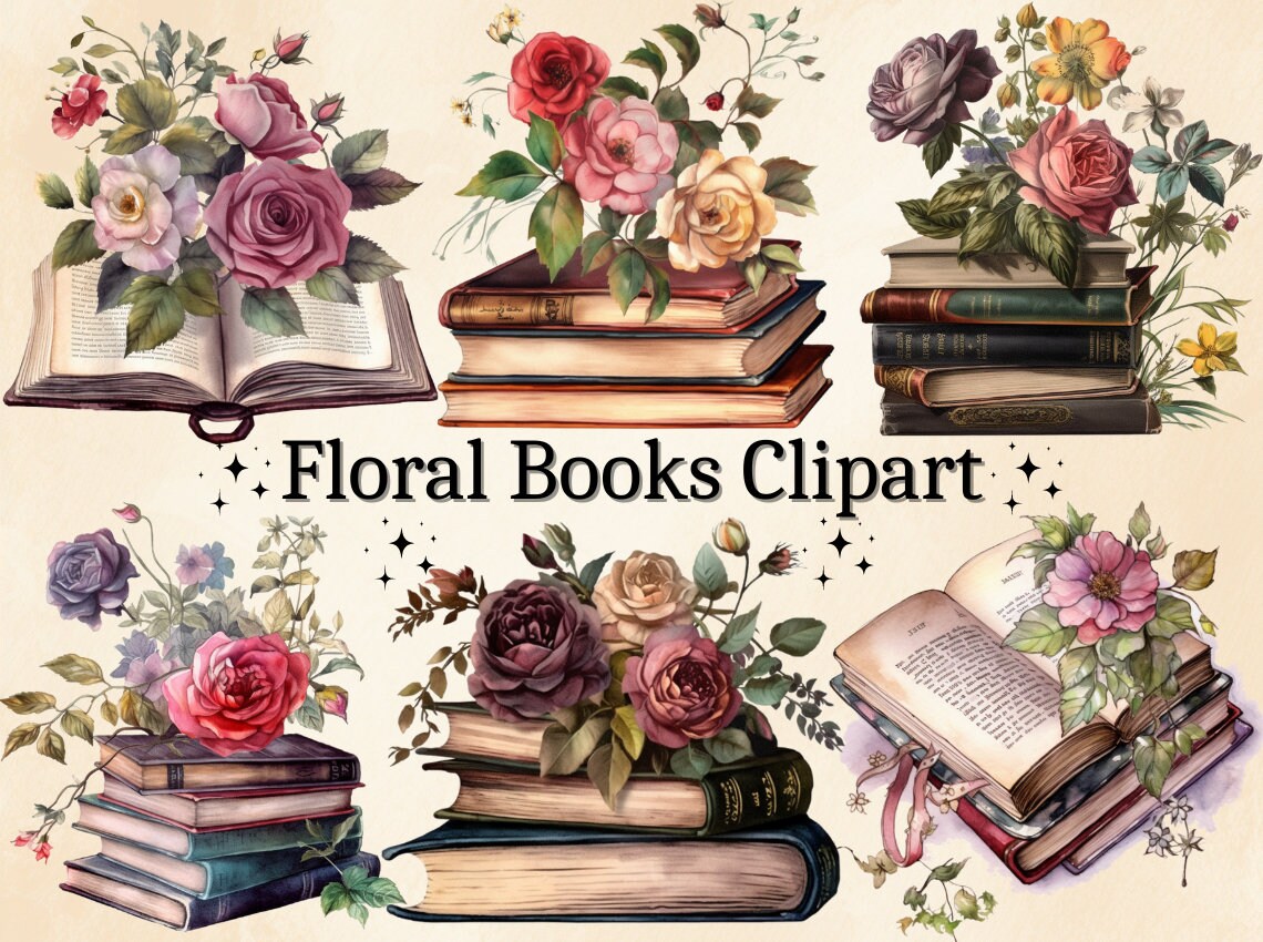 24 PNG Watercolor Floral Books Clipart, Book Bundle Clip Art, Vintage ...