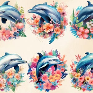12 PNG Watercolor Floral Dolphin Clipart, Summer Dolphins, Tropical PNG ...