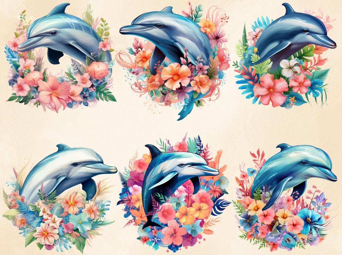 Watercolor Floral Dolphin Clipart: Summer Tropical PNG Bundle ...