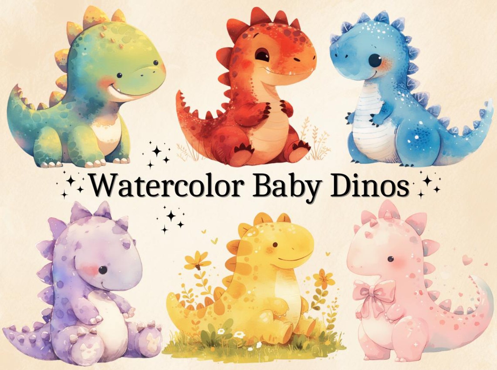 Watercolor Baby Dinosaur Clipart: Nursery Decor PNG Bundle (digital ...