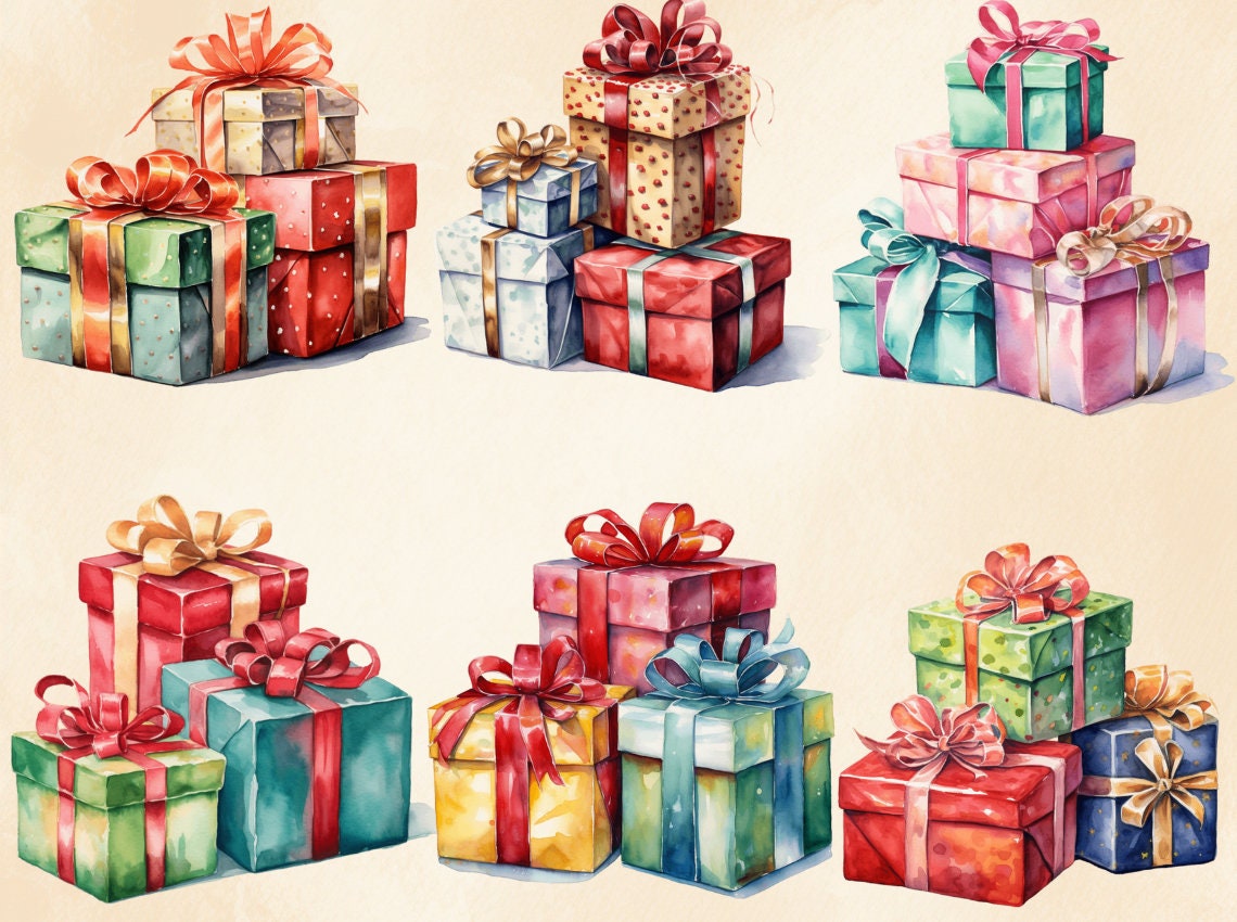 32 PNG Watercolor Christmas Presents Clipart, Cute Gift Boxes ...