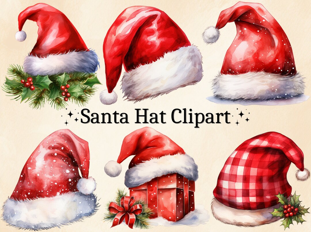 Watercolor Santa Hat Clipart: Christmas PNG Bundle (digital Download ...