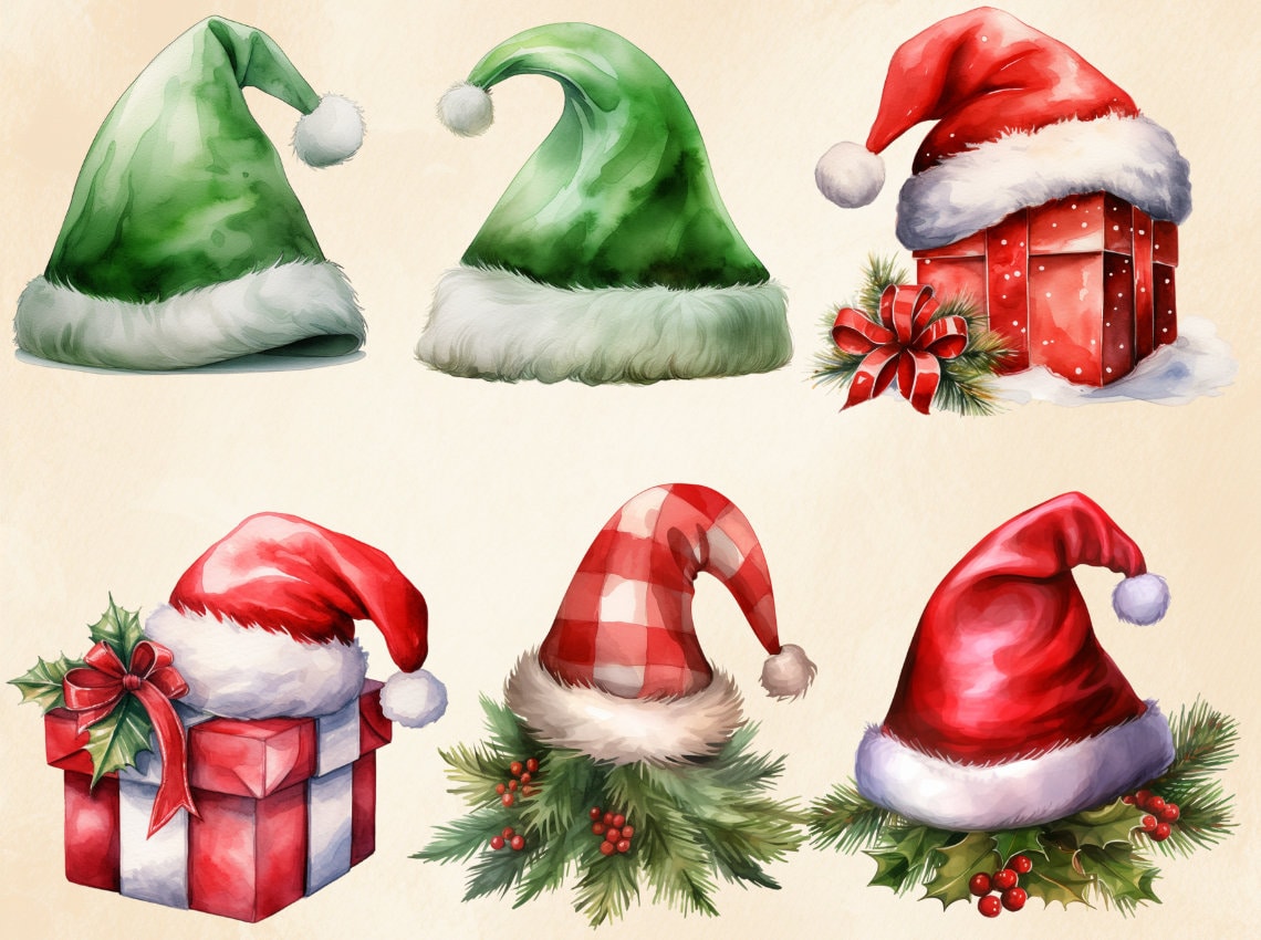 Watercolor Santa Hat Clipart: Christmas PNG Bundle (digital Download ...
