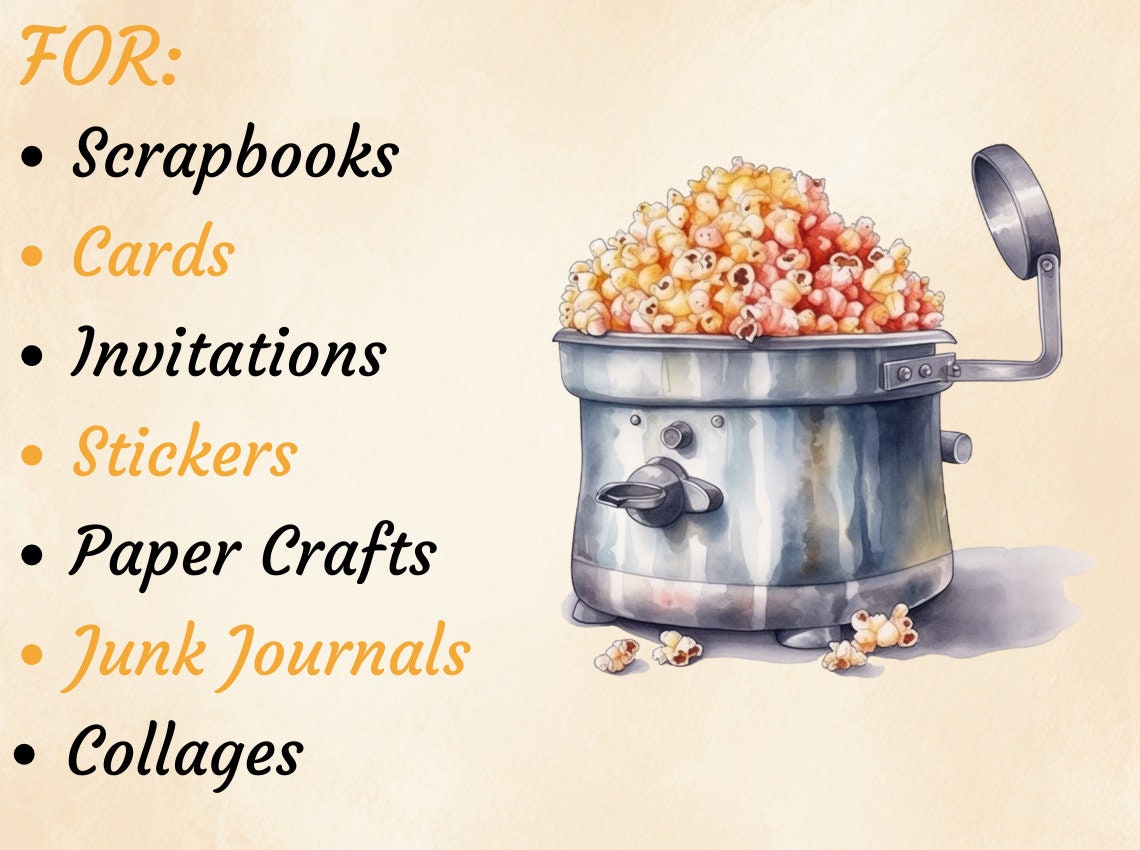 Watercolor Popcorn Clipart: Movie Theater Snacks, Popcorn Stand ...