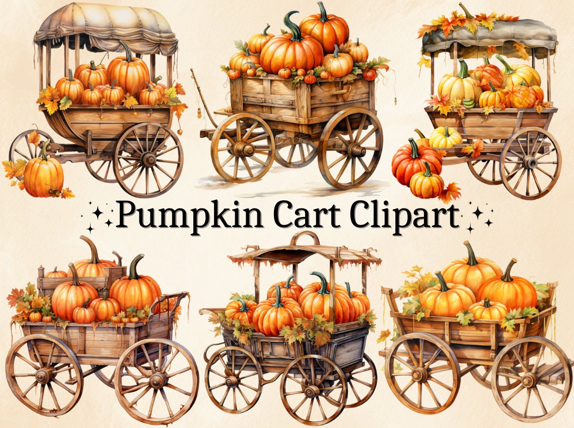 16 PNG Watercolor Pumpkin Cart Clipart, Pumpkin Wagon, Fall Wagons ...