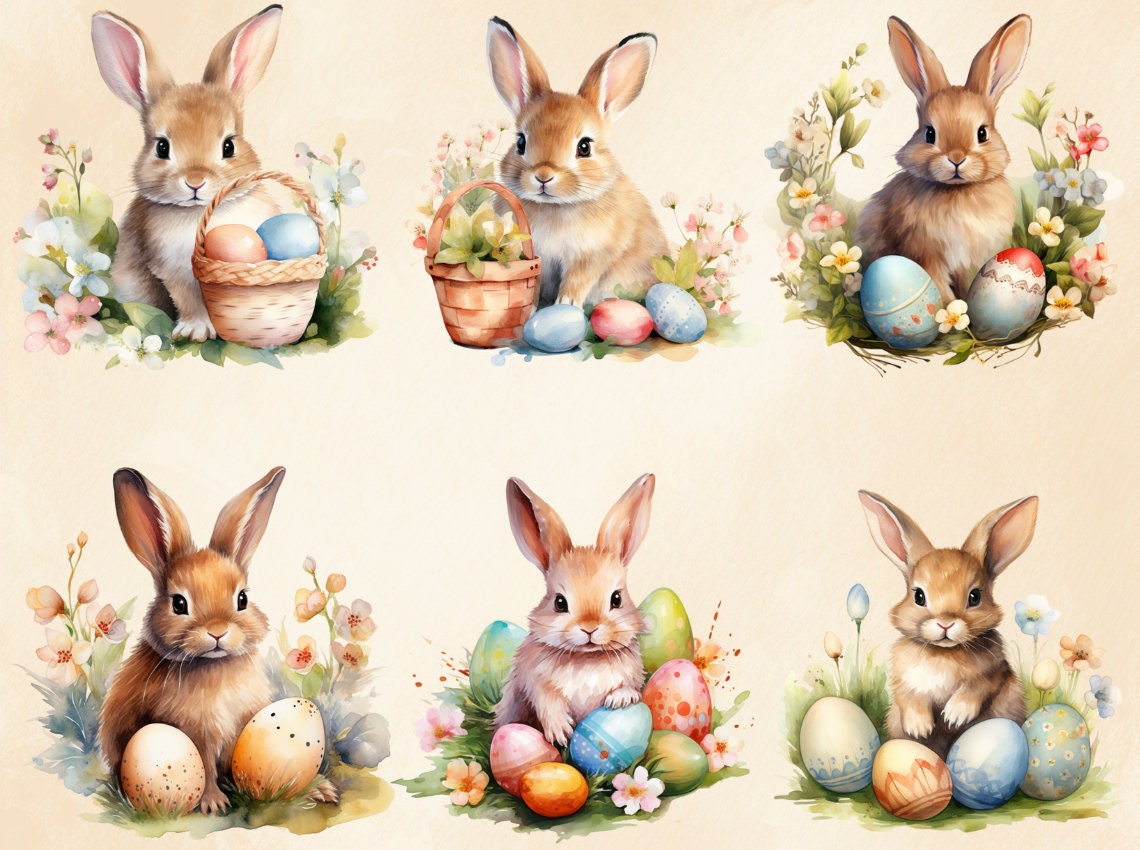 20 PNG Watercolor Easter Bunny Clipart, Spring Bunnies, Easter Baskets ...