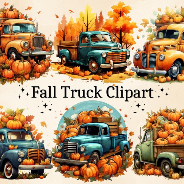 Watercolor Pickup Truck and Pumpkins Clipart Autumn Scenery ...
