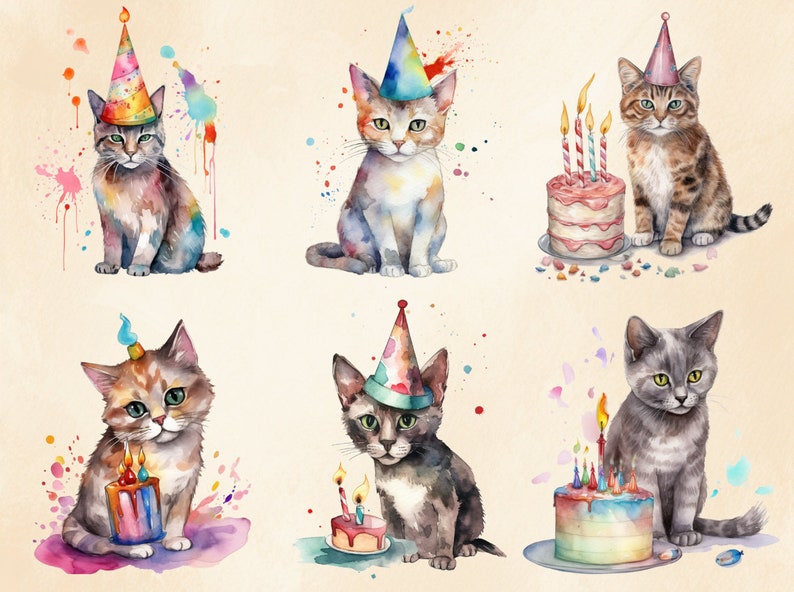 16 PNG Watercolor Birthday Cat Clipart, Funny Birthday Party Cat PNG ...