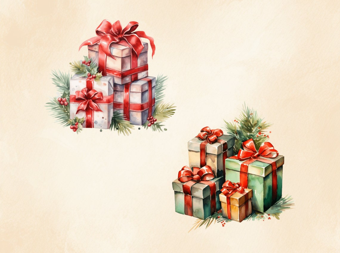 32 PNG Watercolor Christmas Presents Clipart, Cute Gift Boxes ...