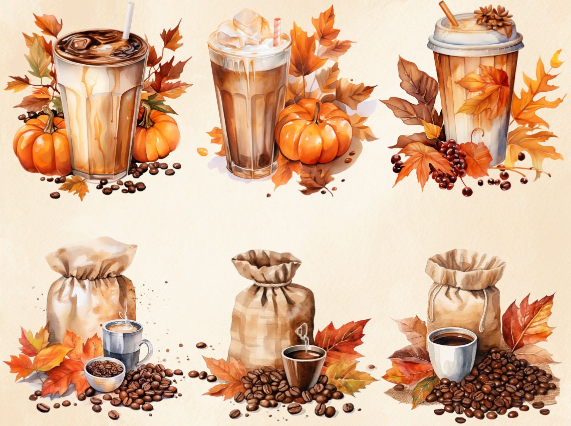 Watercolor Fall Coffee Clipart: Autumn Mugs, Cups, Bags (PNG Digital ...