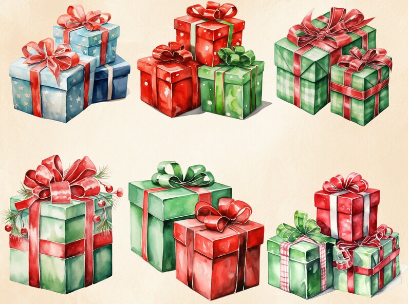 32 PNG Watercolor Christmas Presents Clipart, Cute Gift Boxes ...