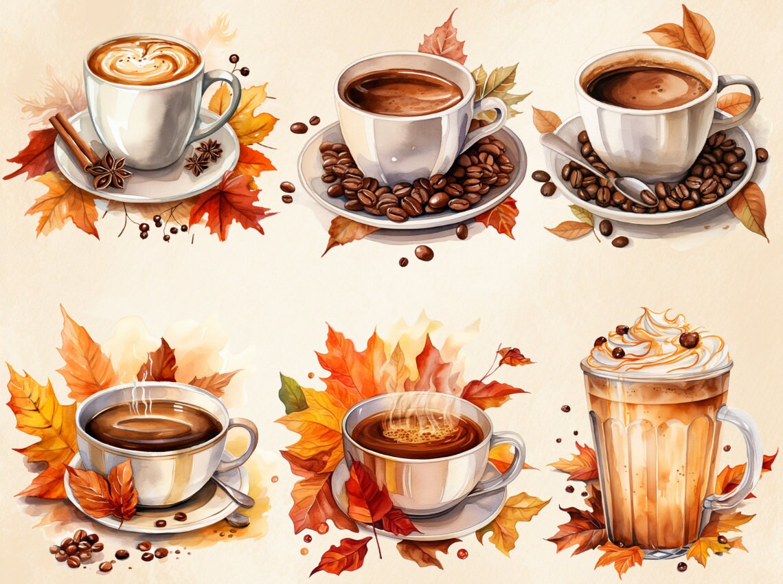 Watercolor Fall Coffee Clipart: Autumn Mugs, Cups, Bags (PNG Digital ...