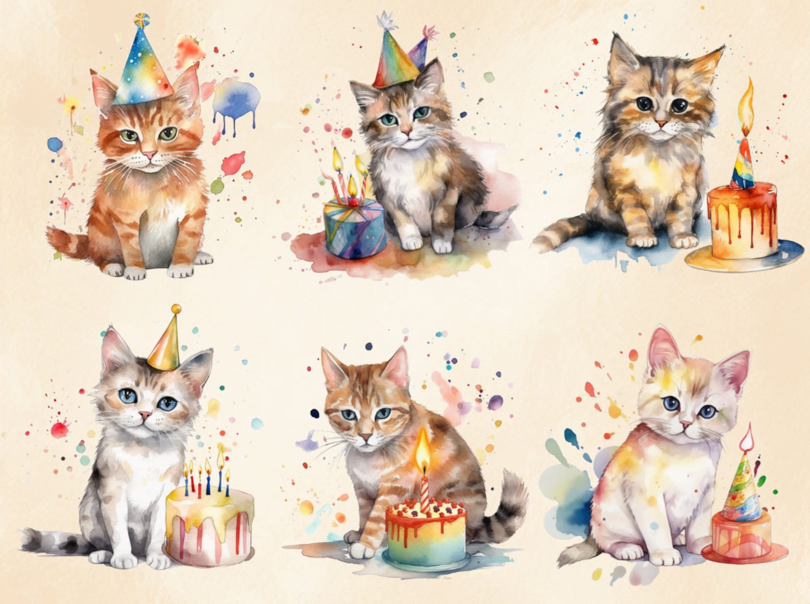 16 PNG Watercolor Birthday Cat Clipart, Funny Birthday Party Cat PNG ...