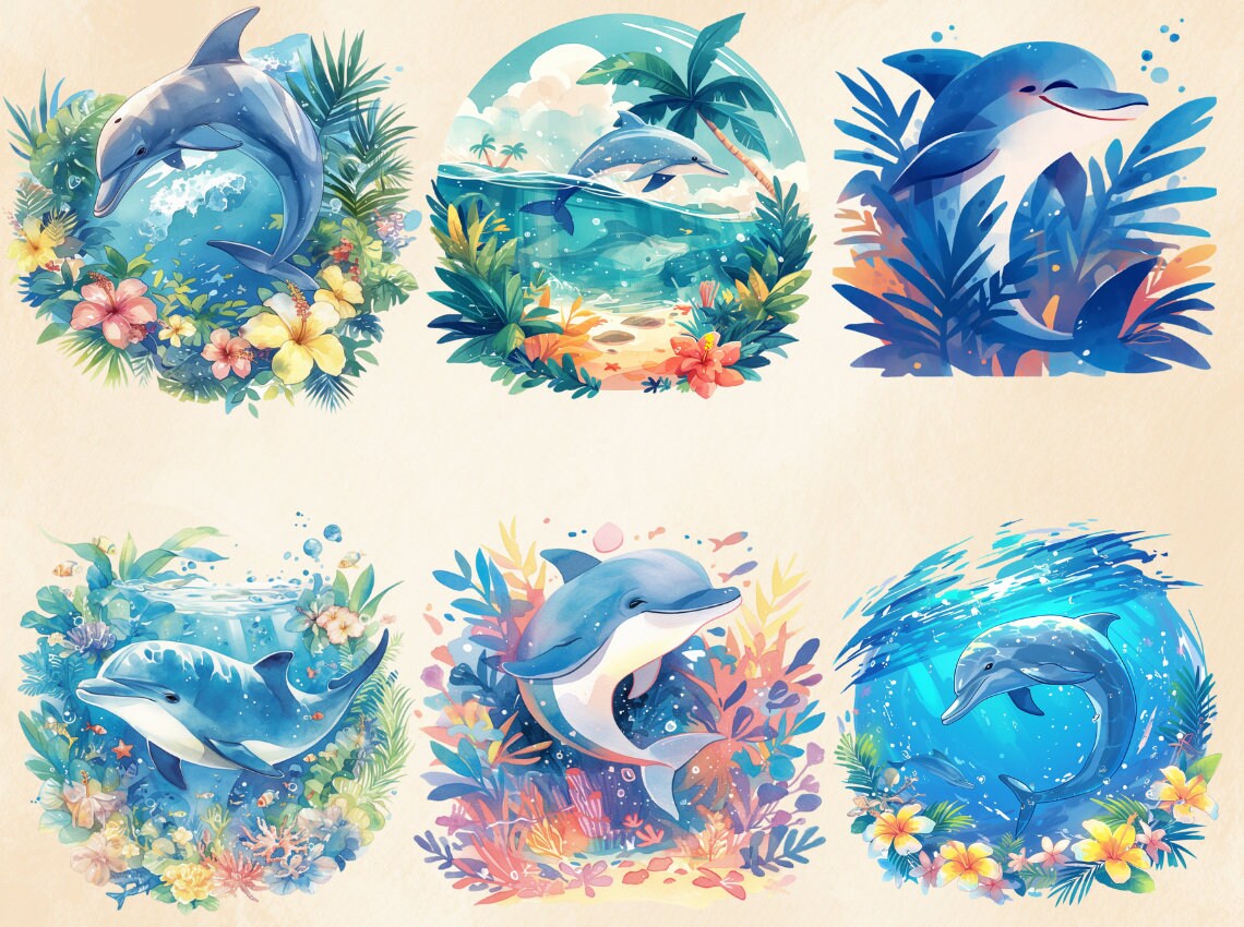 12 PNG Watercolor Tropical Dolphin Clipart, Summer Dolphins Clipart ...