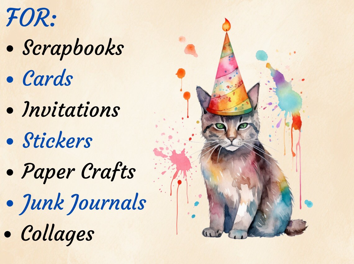 Watercolor Birthday Cat Clipart: Funny Party PNG Bundle (digital ...