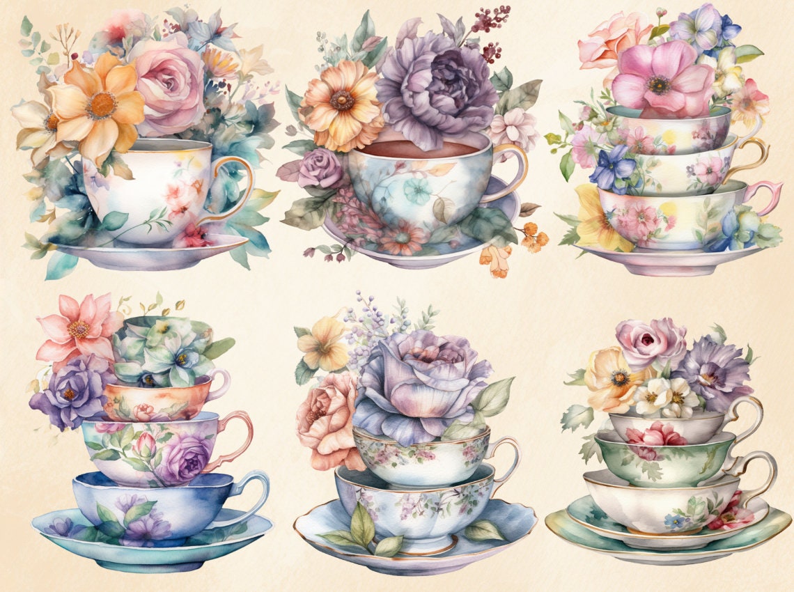 24 PNG Watercolor Floral Tea Clipart, Tea Party Clip Art, Pastel Tea ...