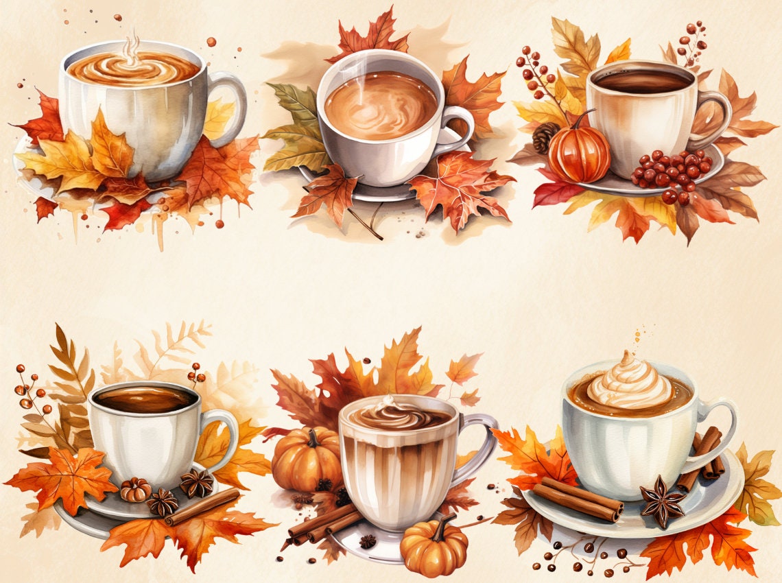 Watercolor Fall Coffee Clipart: Autumn Mugs, Cups, Bags (PNG Digital ...
