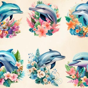 12 PNG Watercolor Floral Dolphin Clipart, Summer Dolphins, Tropical PNG ...